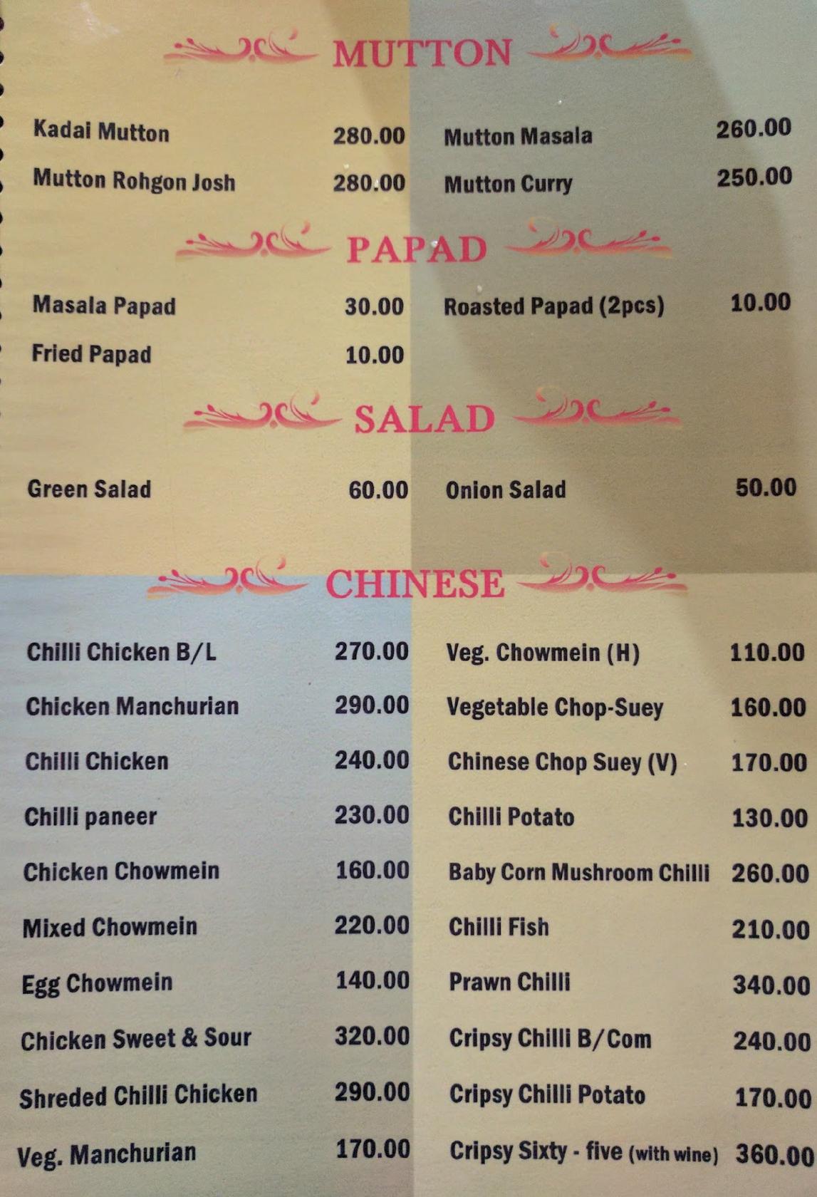 Menu at City Dhaba, Tinsukia