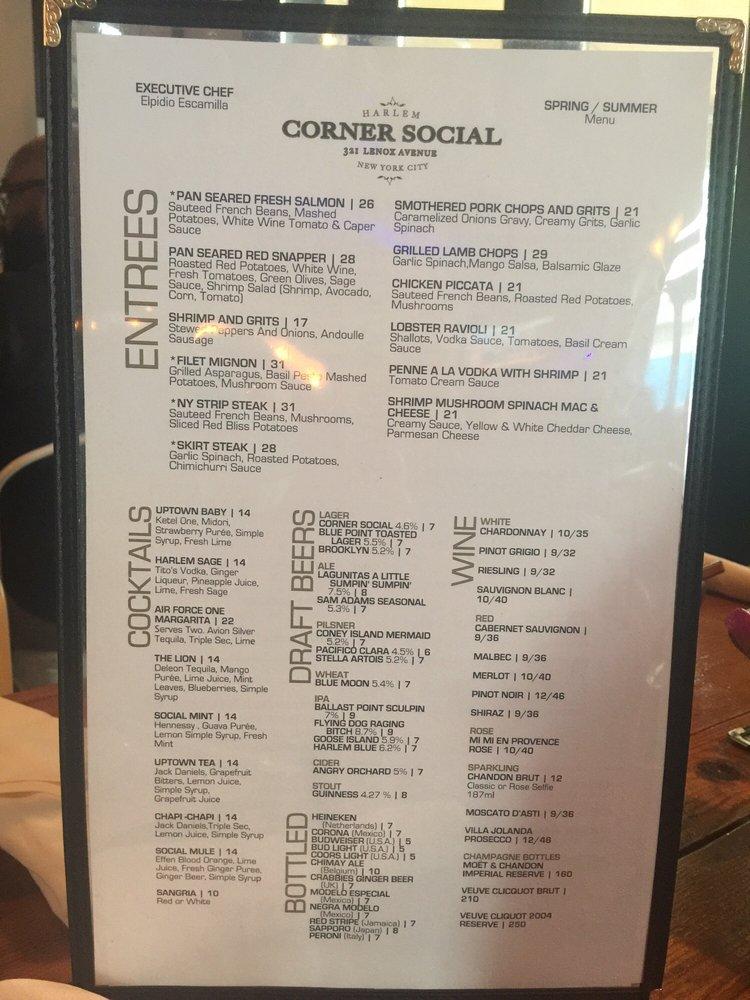 Menu at Corner Social pub & bar, New York City, 321 Malcolm X Blvd