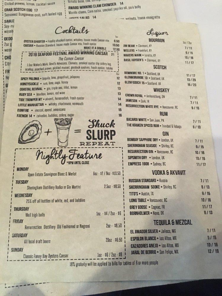 Menu at Fanny Bay Oyster Bar & Shellfish Market, Vancouver