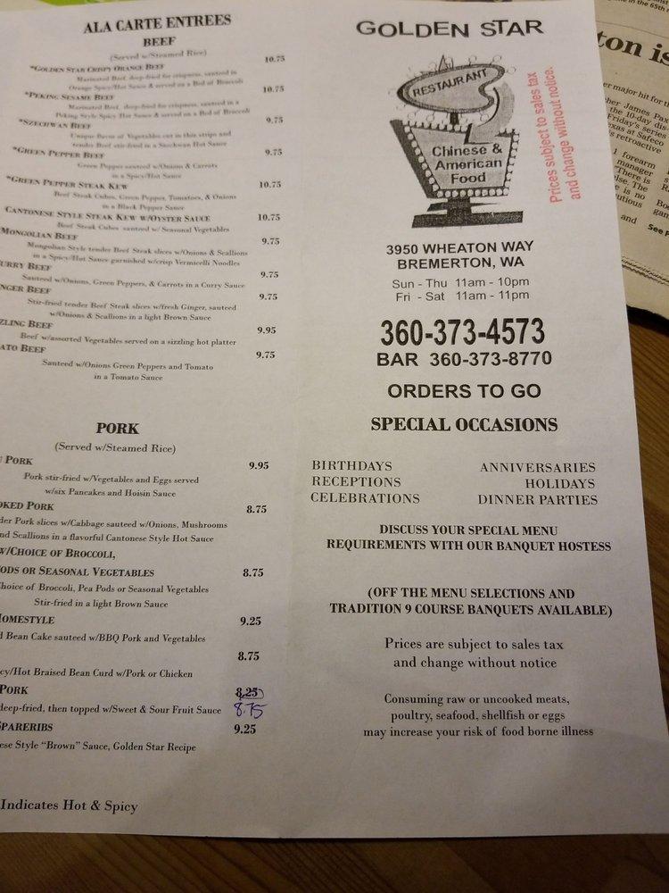 Menu at Golden Star Chinese & American Restaurant, Bremerton