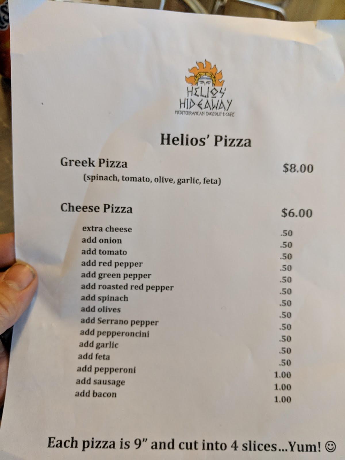 Menu at Helios' Hideaway restaurant, Ocracoke