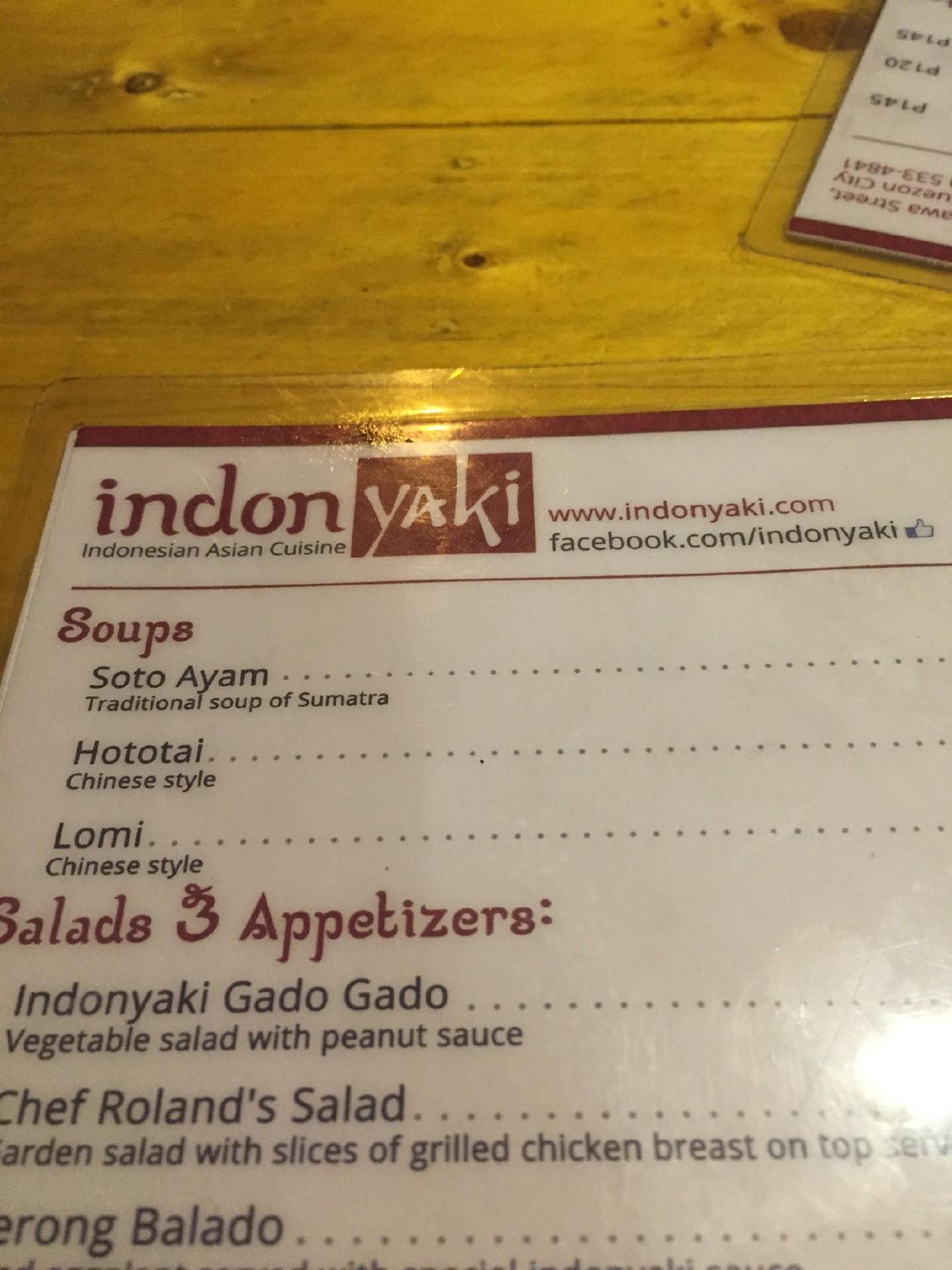 Menu at Indonyaki restaurant, Quezon City, # 54 Maginhawa Street
