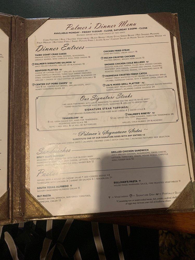 Menu at Palmer's Restaurant Bar & Courtyard, San Marcos