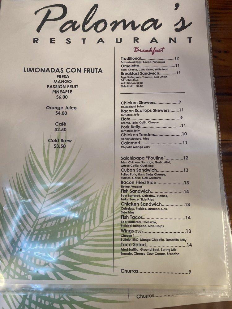 Menu at Paloma's Restaurant, Old Orchard Beach