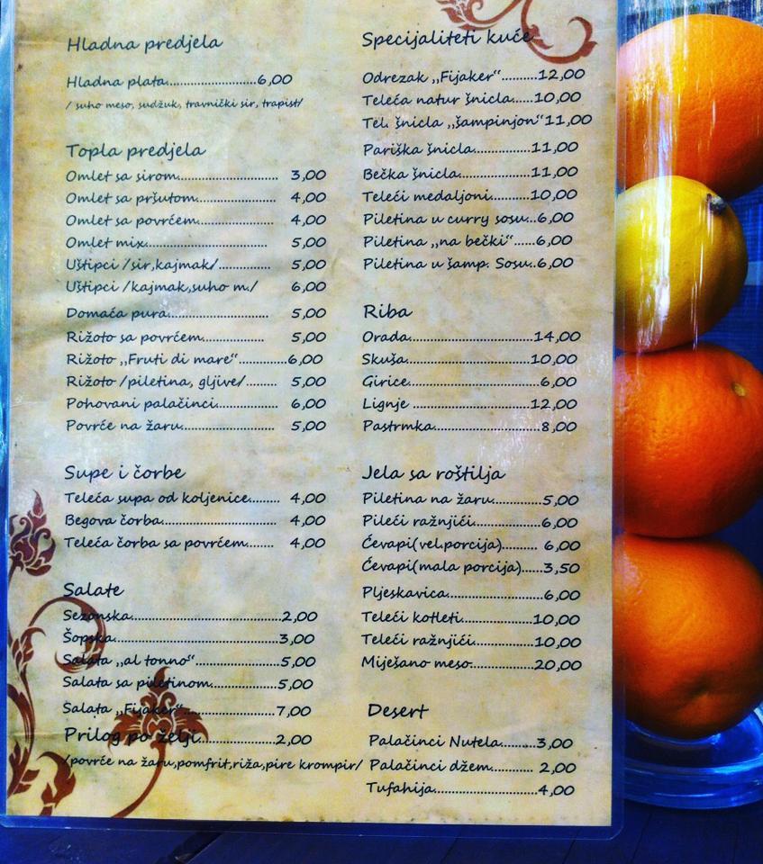 Menu at Fijaker restaurant, Sarajevo, IV viteške brigade 46