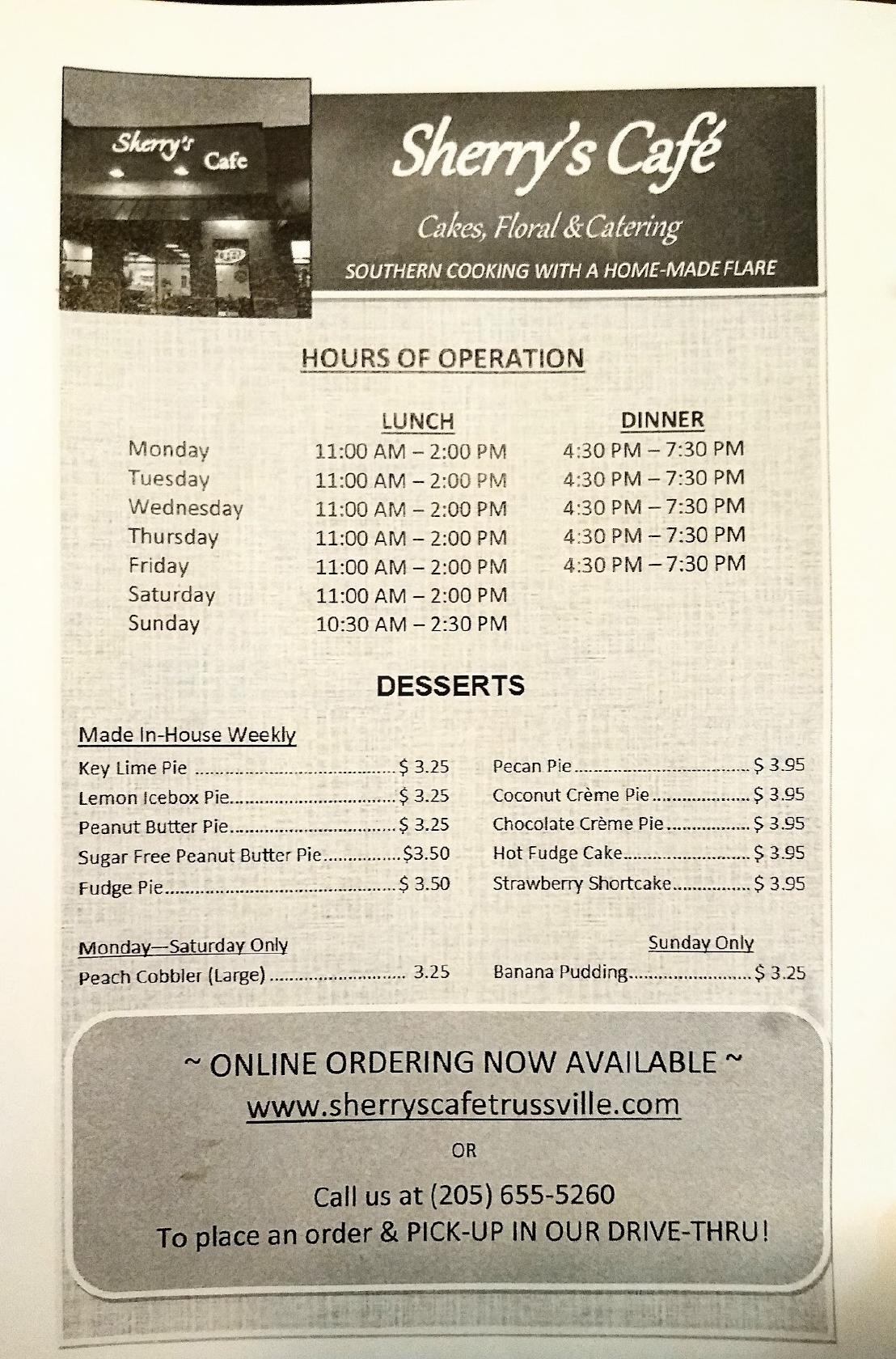 Menu at Sherry's Cafe Cakes & Catering, Trussville, Valley Rd Suite 110