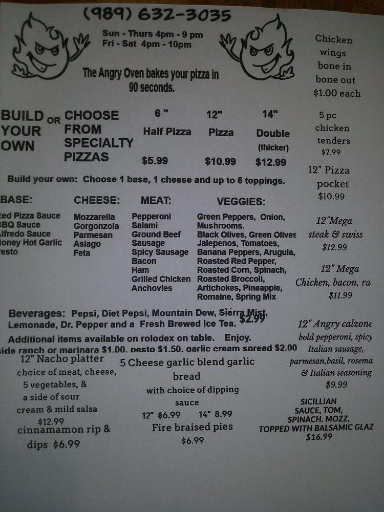 Menu at The Angry Oven pizzeria, Richfield Township