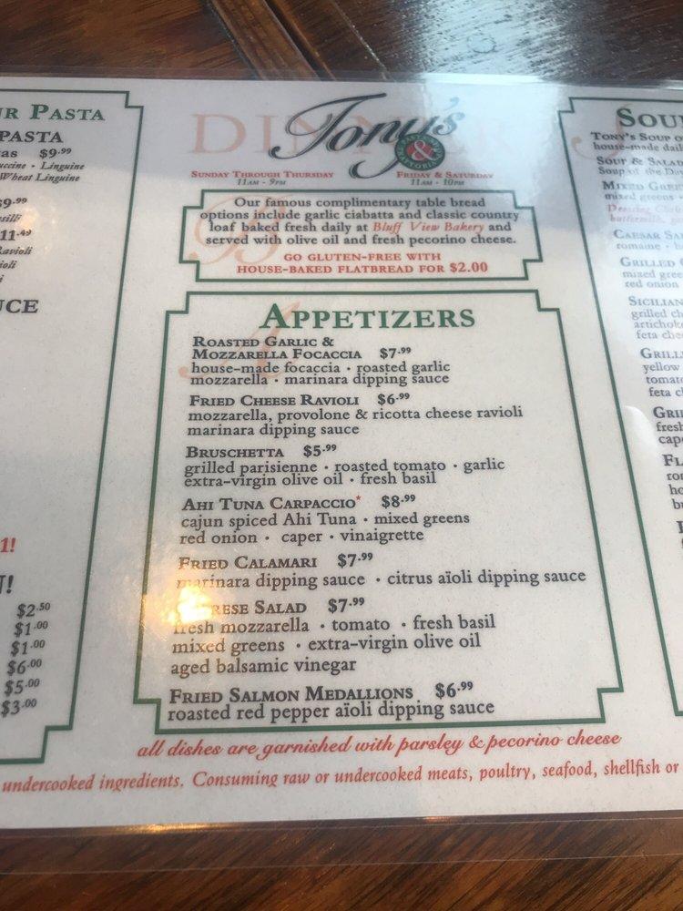 Menu at Tony's Pasta Shop & Trattoria restaurant, Chattanooga