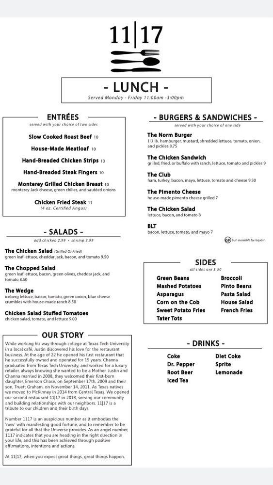 Menu at 1117 restaurant, McKinney