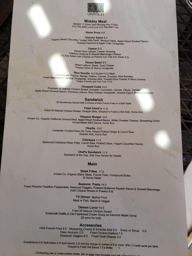 Menu at 900 Grayson restaurant, Berkeley
