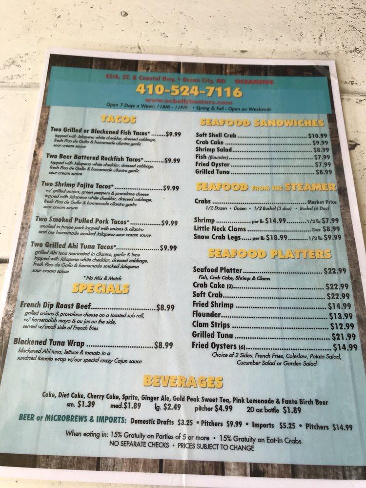 Menu at Belly Busters restaurant, Ocean City