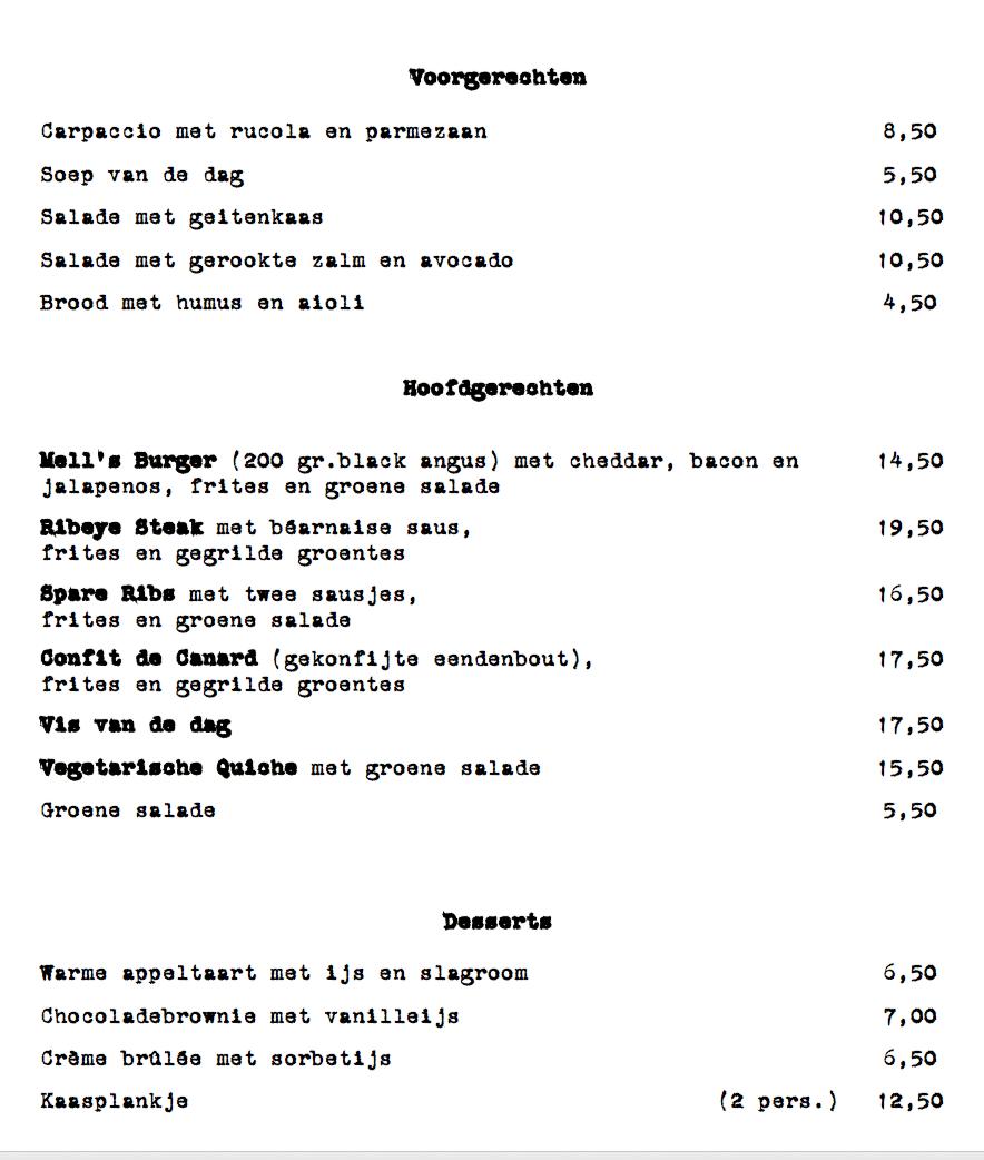 Menu at Brasserie Blazer, Amsterdam, Lijnbaansgracht 190