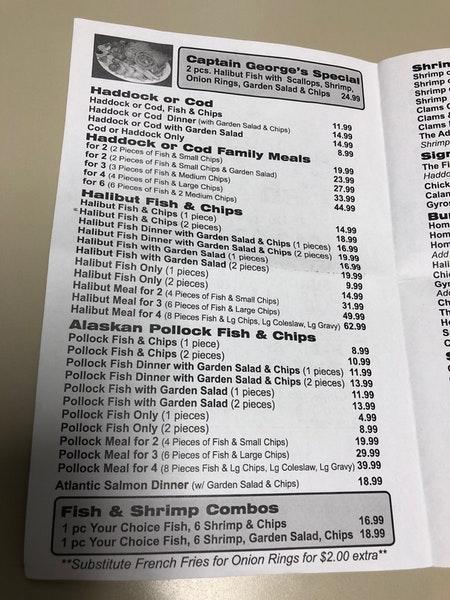 Menu at Captain George's Fish & Chips restaurant, Quinte West