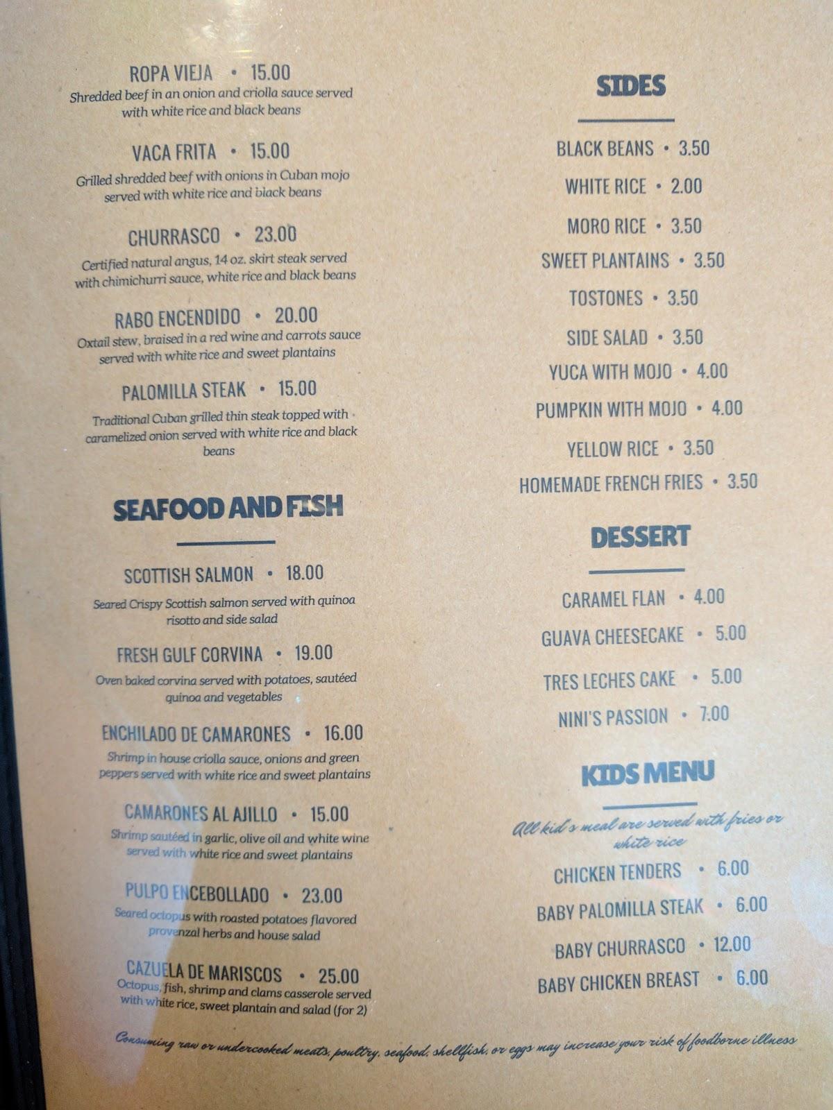 Menu at Nini's Cuban Cuisine restaurant, Indialantic