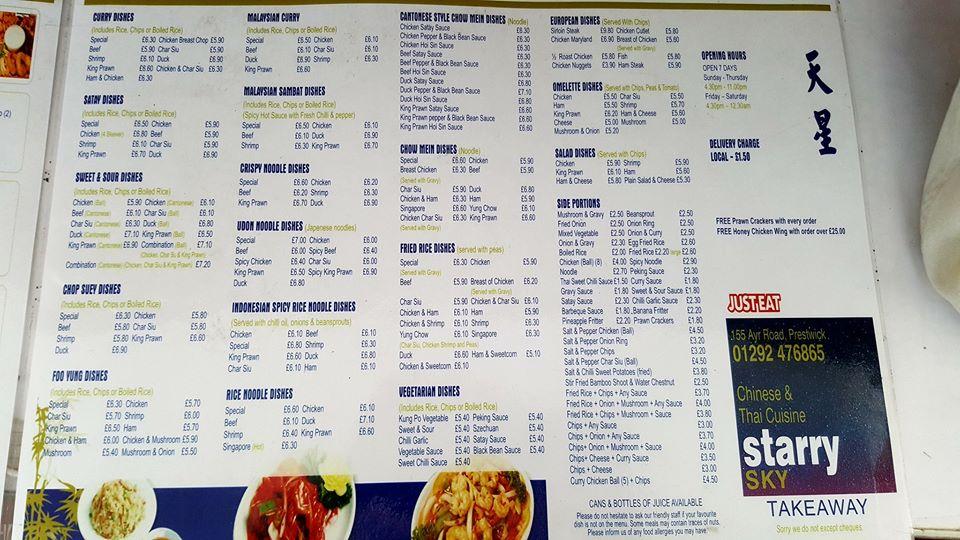 Menu at Starry Sky Takeaway fast food, Prestwick