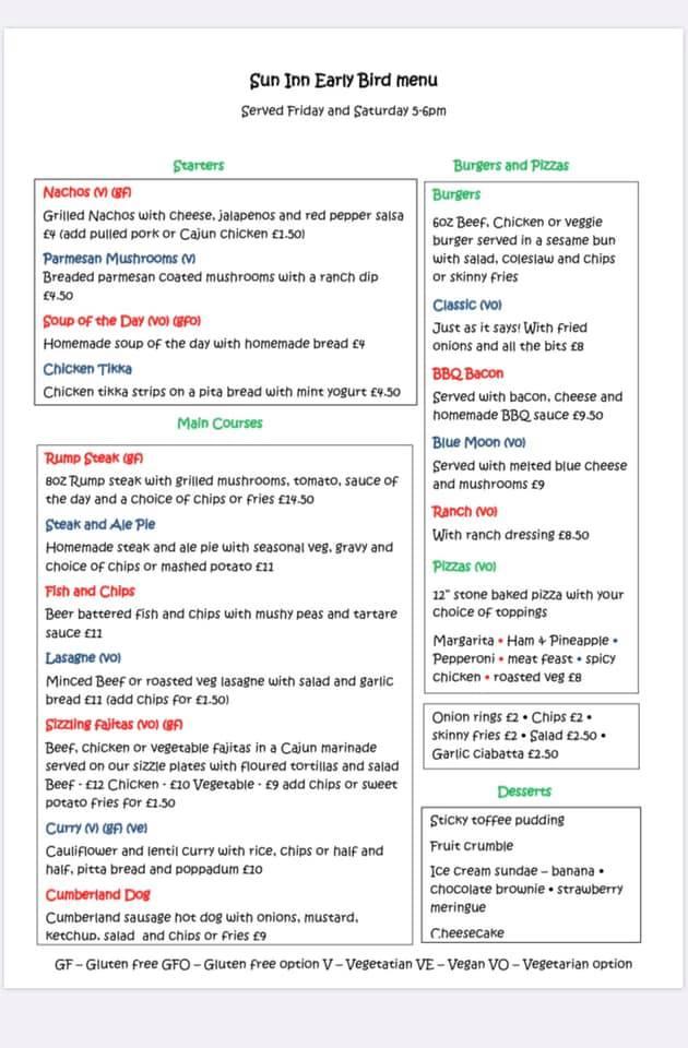 Menu at The Sun Inn pub & bar, Penrith