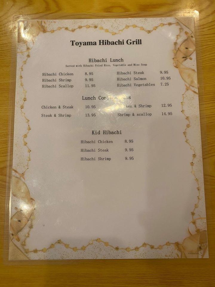Menu at Toyama Japanese Restaurant, Elizabeth City