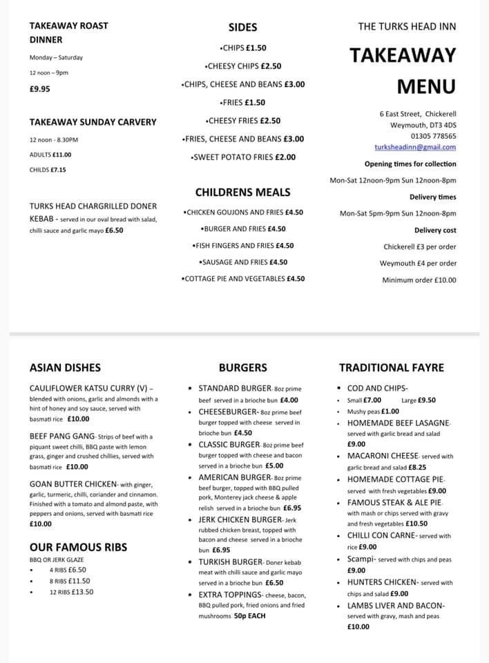 Menu at The Turks Head pub & bar, Weymouth
