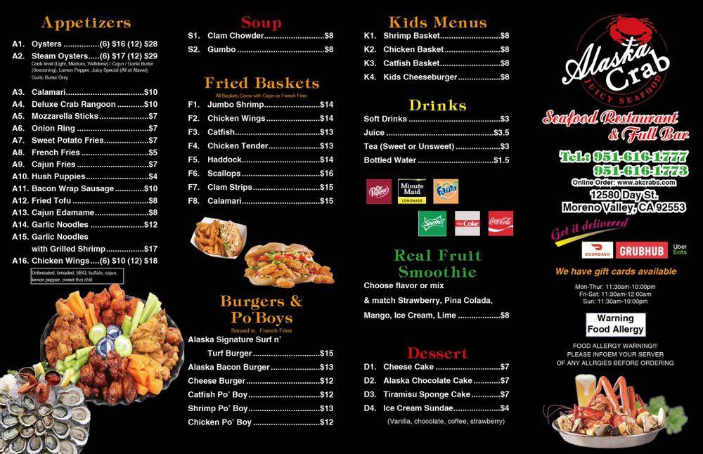 Menu at Alaska Crab pub & bar, Moreno Valley