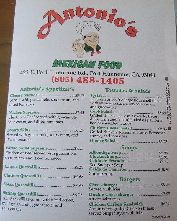 Menu at Antonio's Mexican Food & Grill restaurant, Port Hueneme