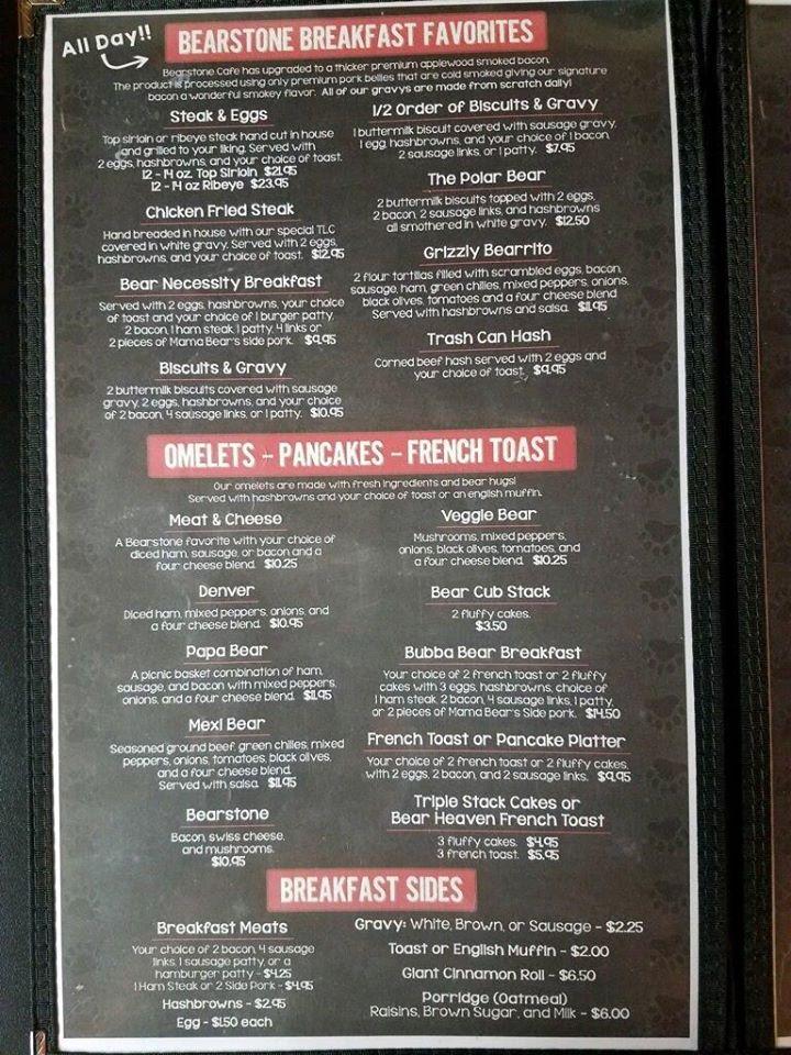 Menu at Bearstone Cafe, Columbus