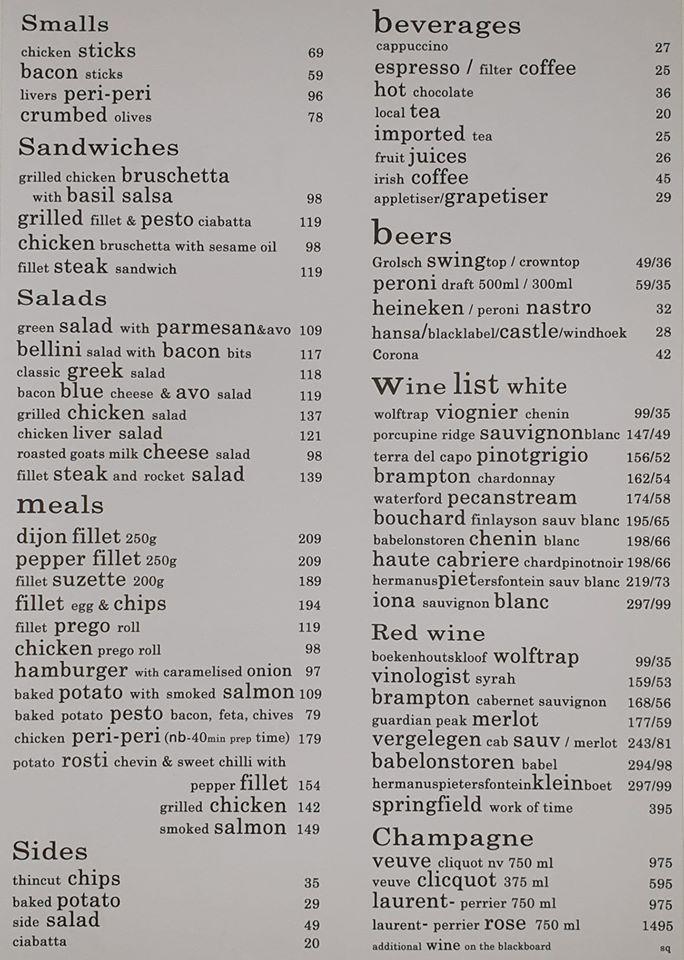 Menu at Bellinis restaurant, Johannesburg