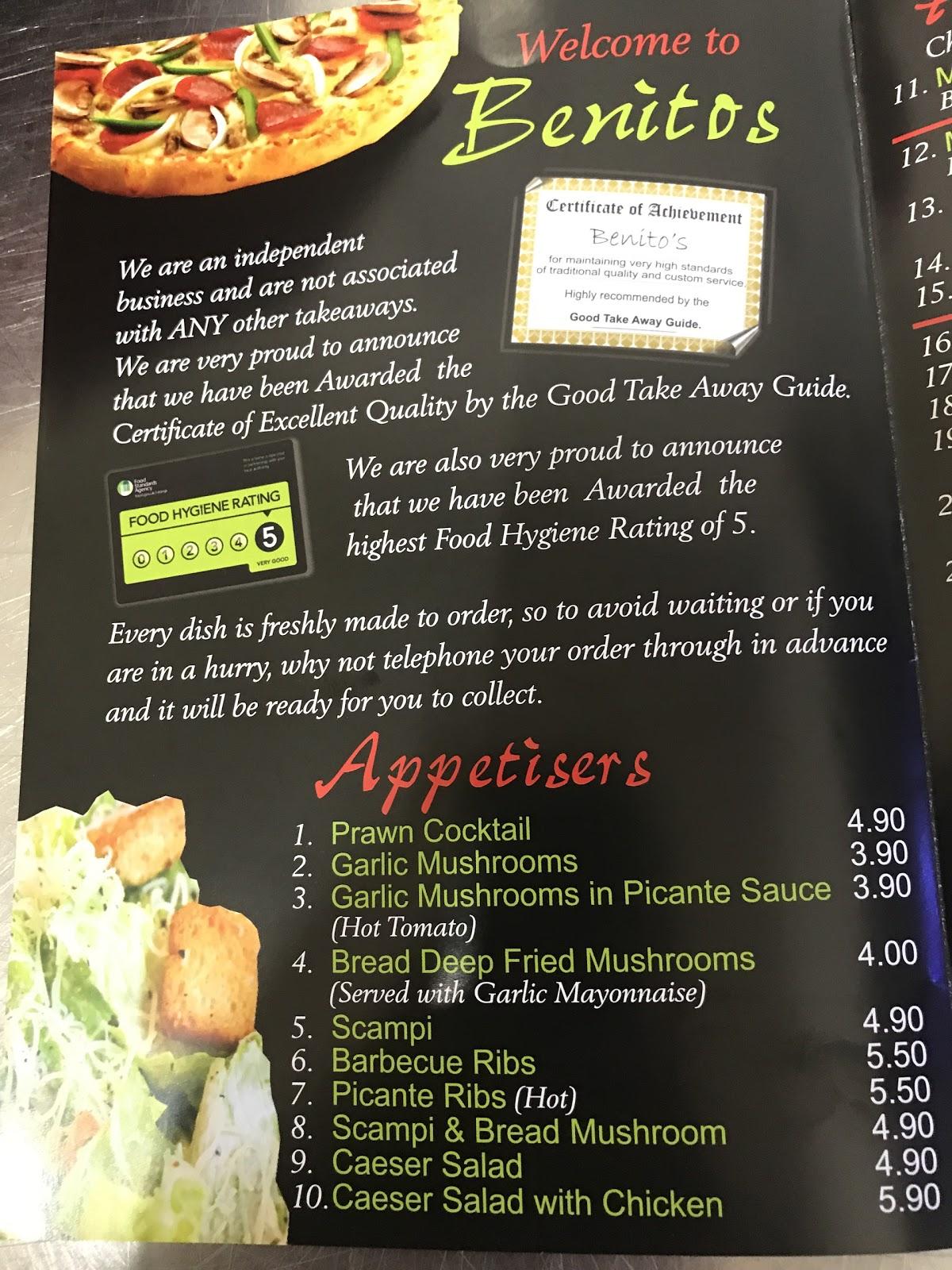Menu at Benitos fast food, Sheffield