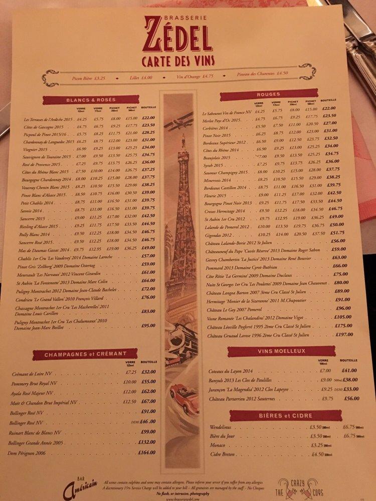 Menu at Brasserie Zédel pub & bar, London, 20 Sherwood St