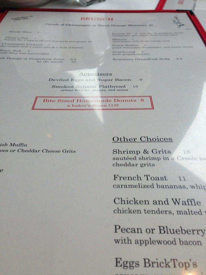 Menu at BrickTop's restaurant, Nashville, West End Ave