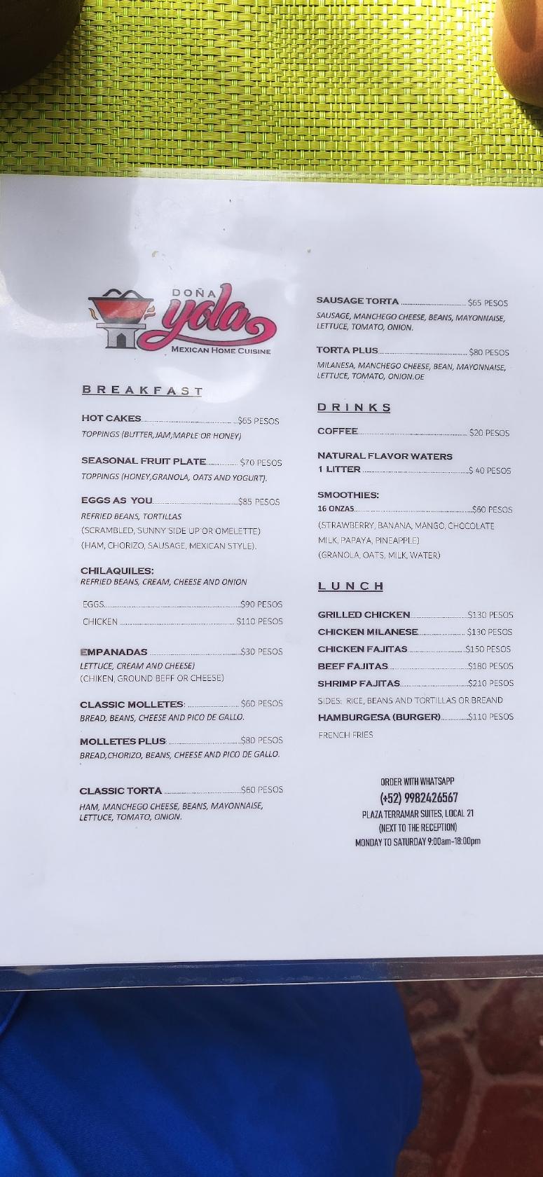 Menu at Doña Yola Mexican Home Cuisine restaurant, Cancún