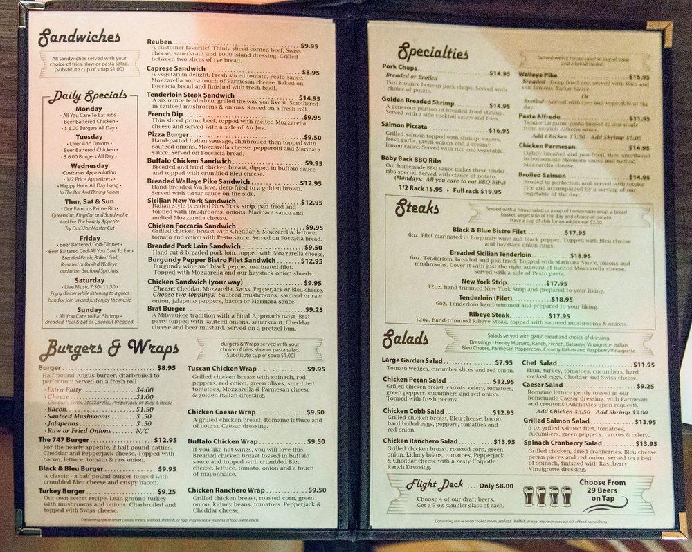 Menu at Final Approach restaurant, Milwaukee