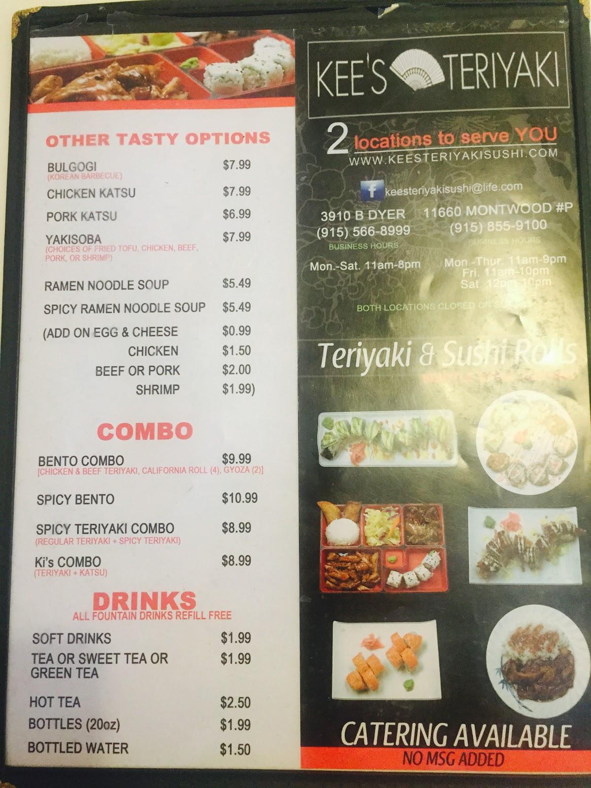 Menu at Kee's Teriyaki & Sushi restaurant, El Paso, Dyer St B