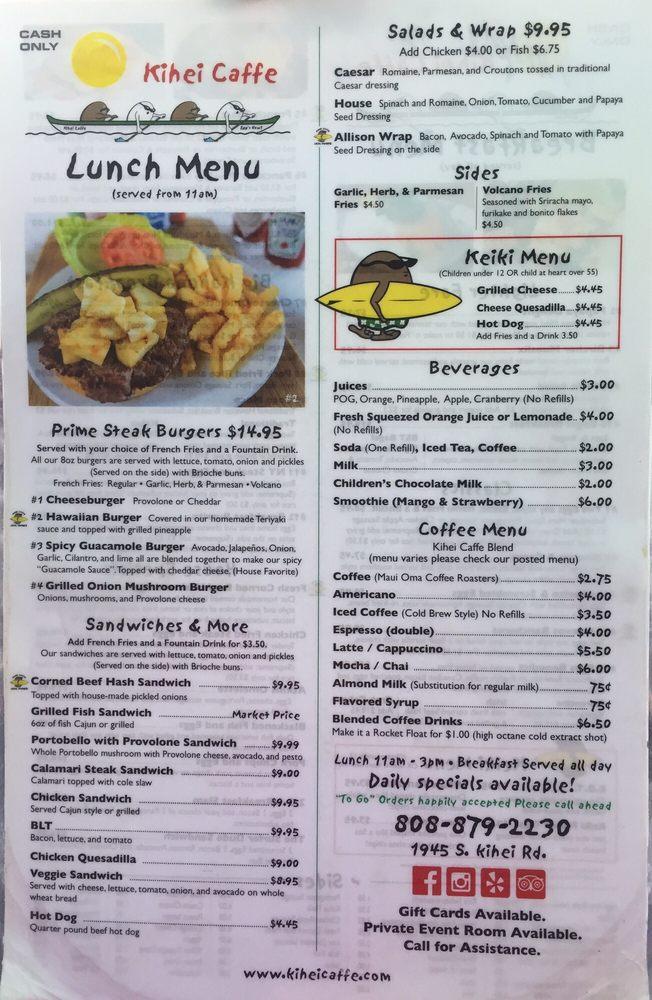 Menu at Kihei Caffe restaurant, Kihei