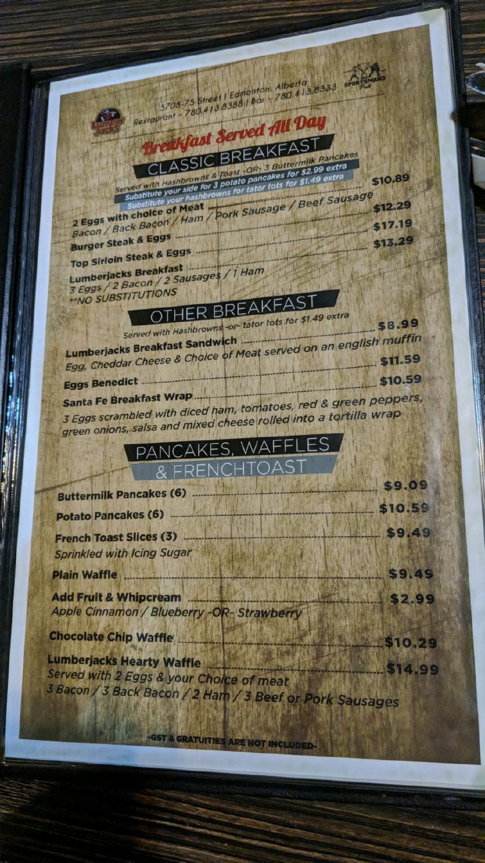 Menu at Lumberjack's Restaurant, Edmonton
