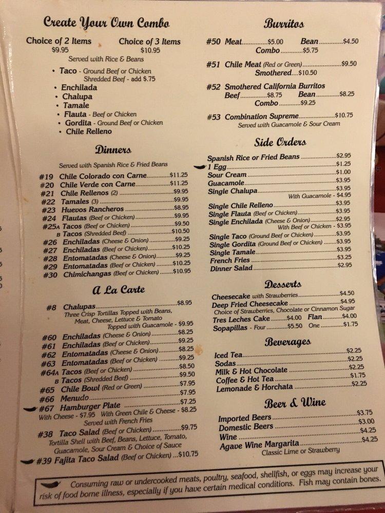 Menu at Margo's Mexican Food restaurant, Alamogordo