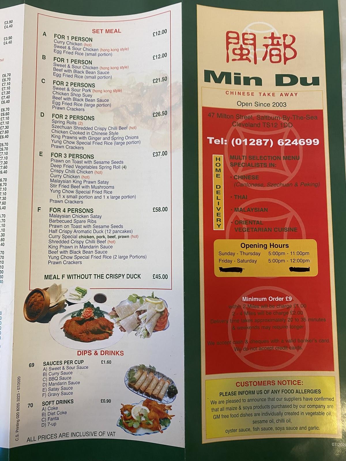 Menu at Min Du fast food, Saltburn-by-the-Sea