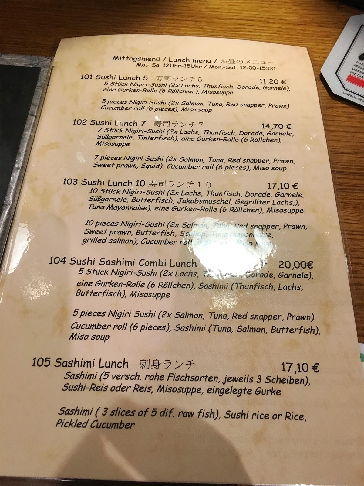 Menu at Nomu Sushi Bar, Frankfurt