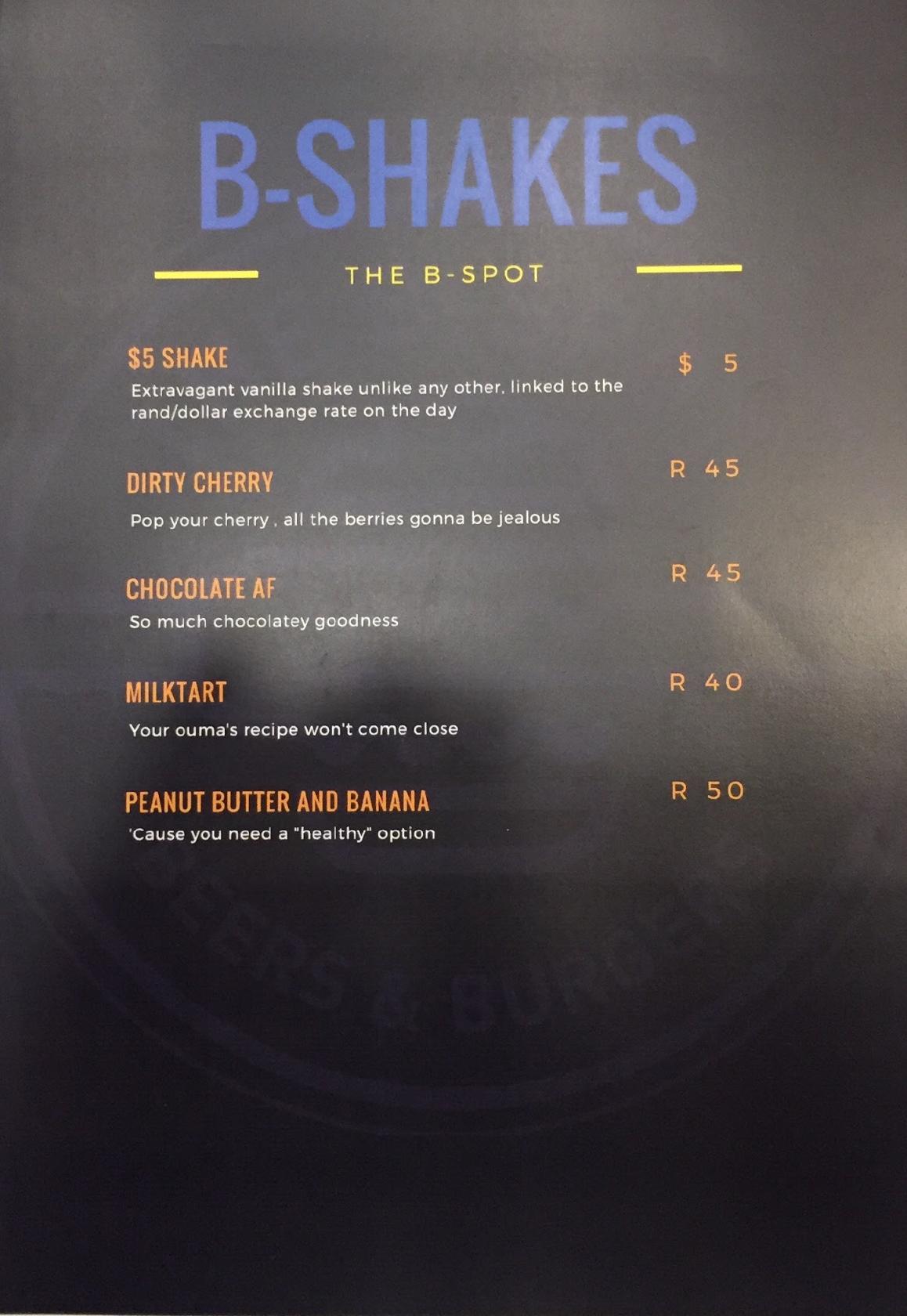 Menu at The B-Spot restaurant, Johannesburg, No. One Eloff