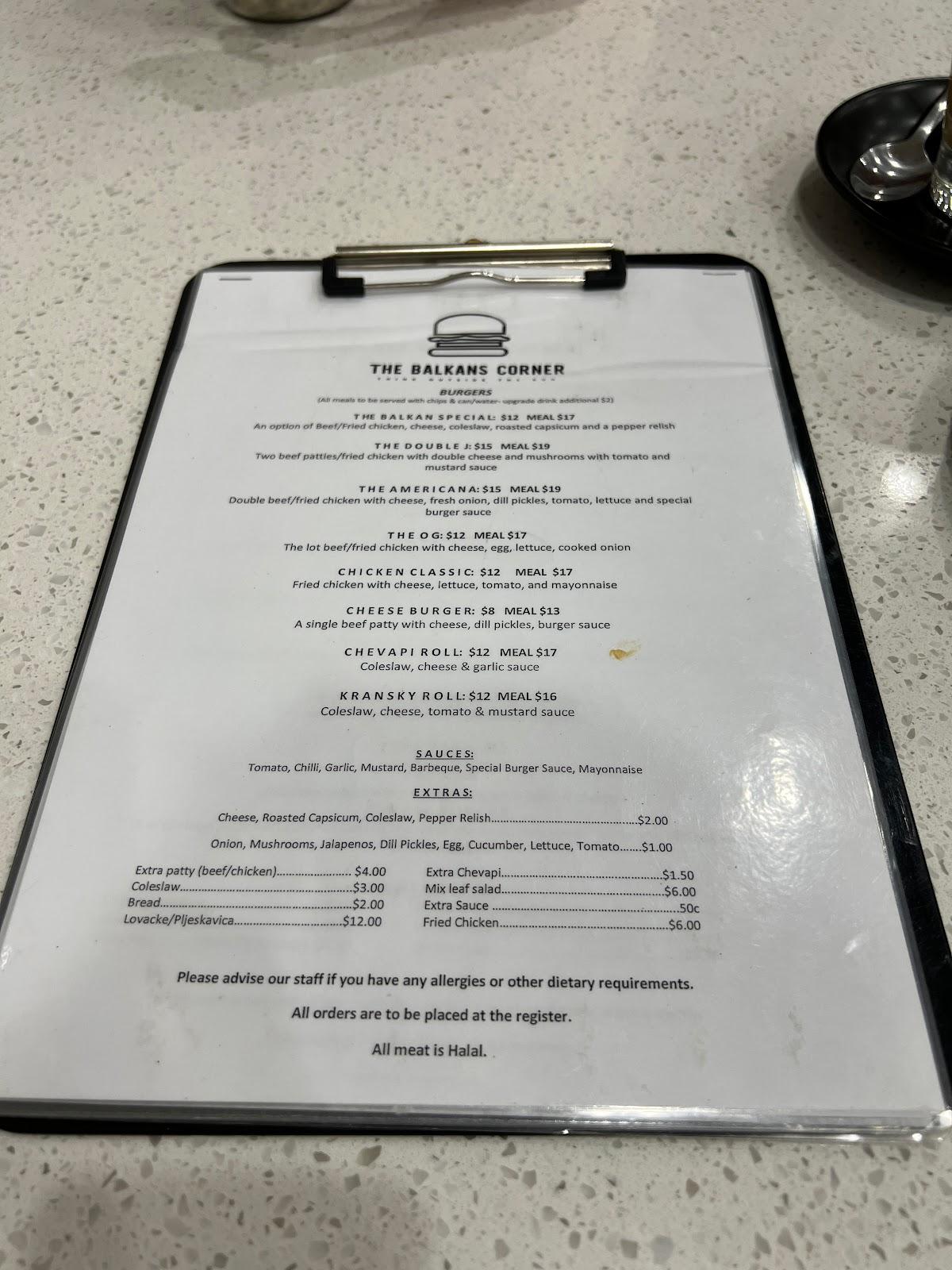 Menu at The Balkans Corner restaurant, Dandenong