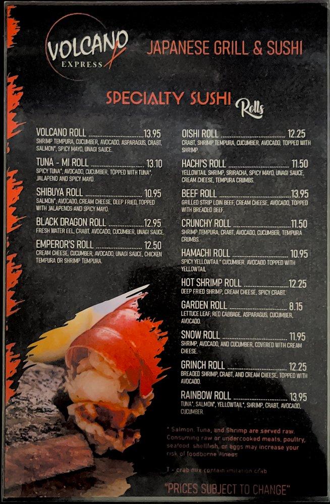Menu at Volcano Express Japanese Grill & Sushi restaurant, Chicago