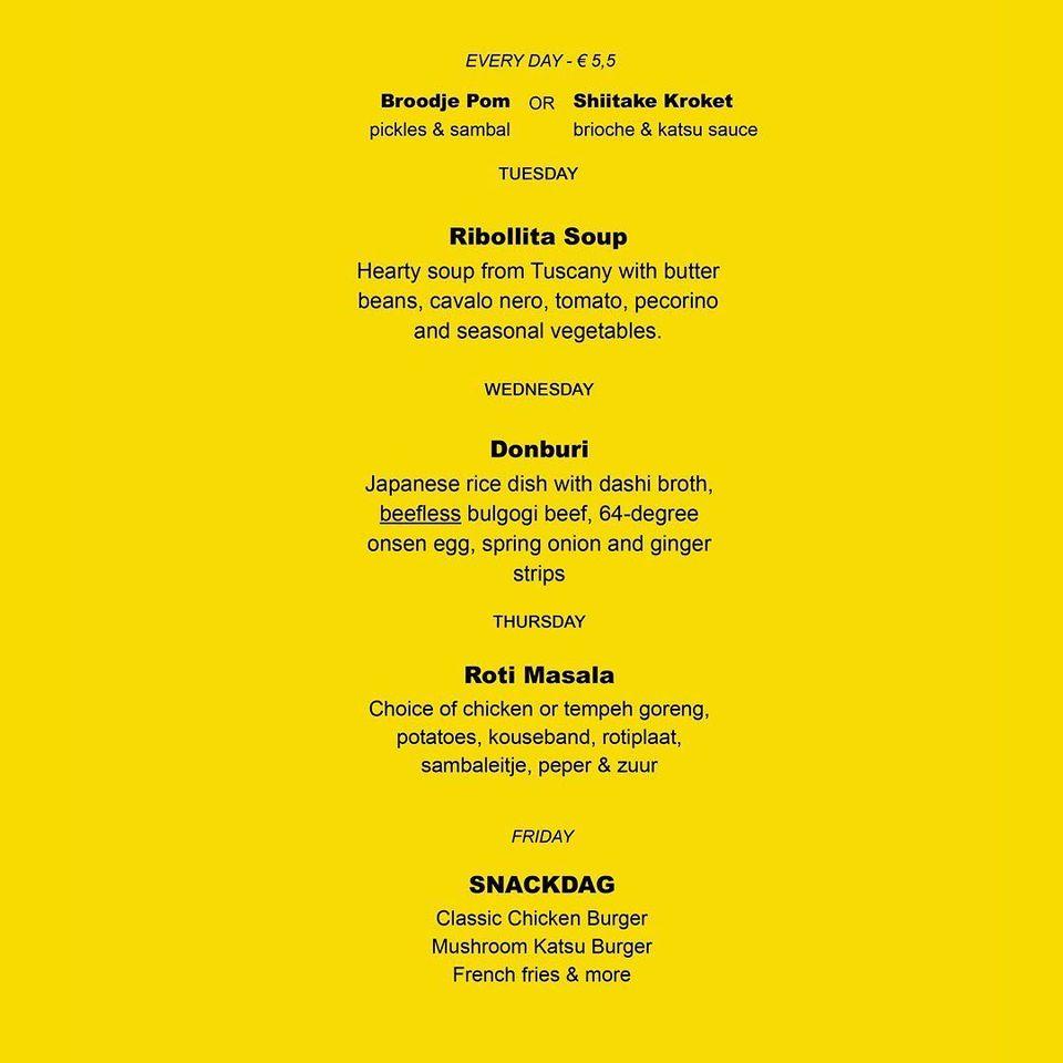 Menu at Yellow House, Amsterdam