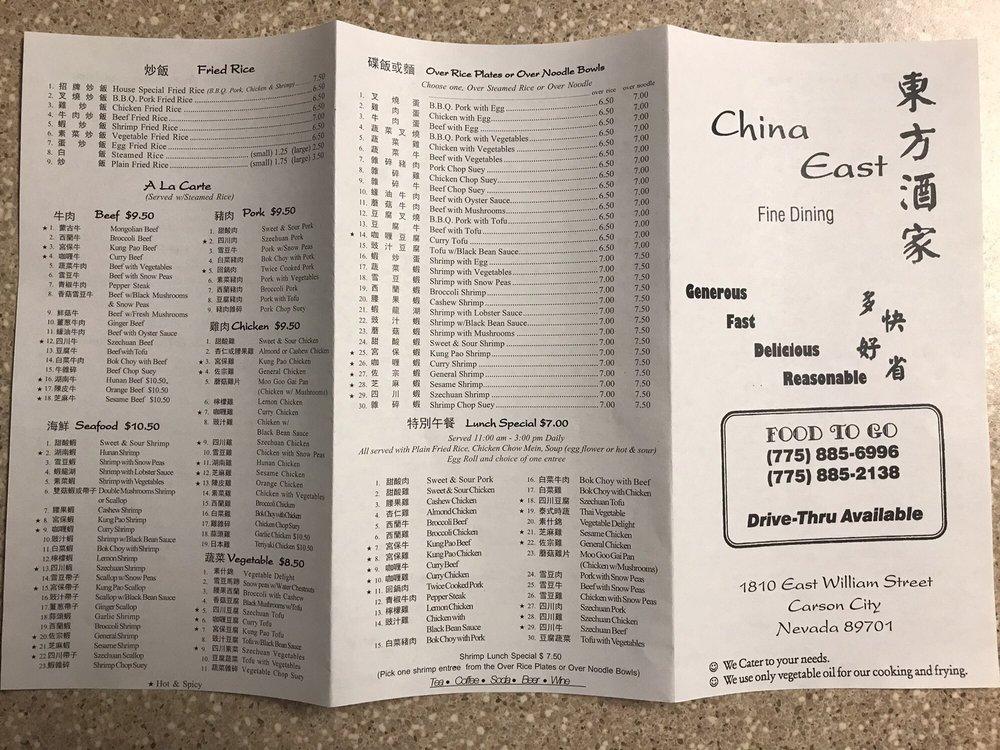 Menu at China East restaurant, Carson City, E William St