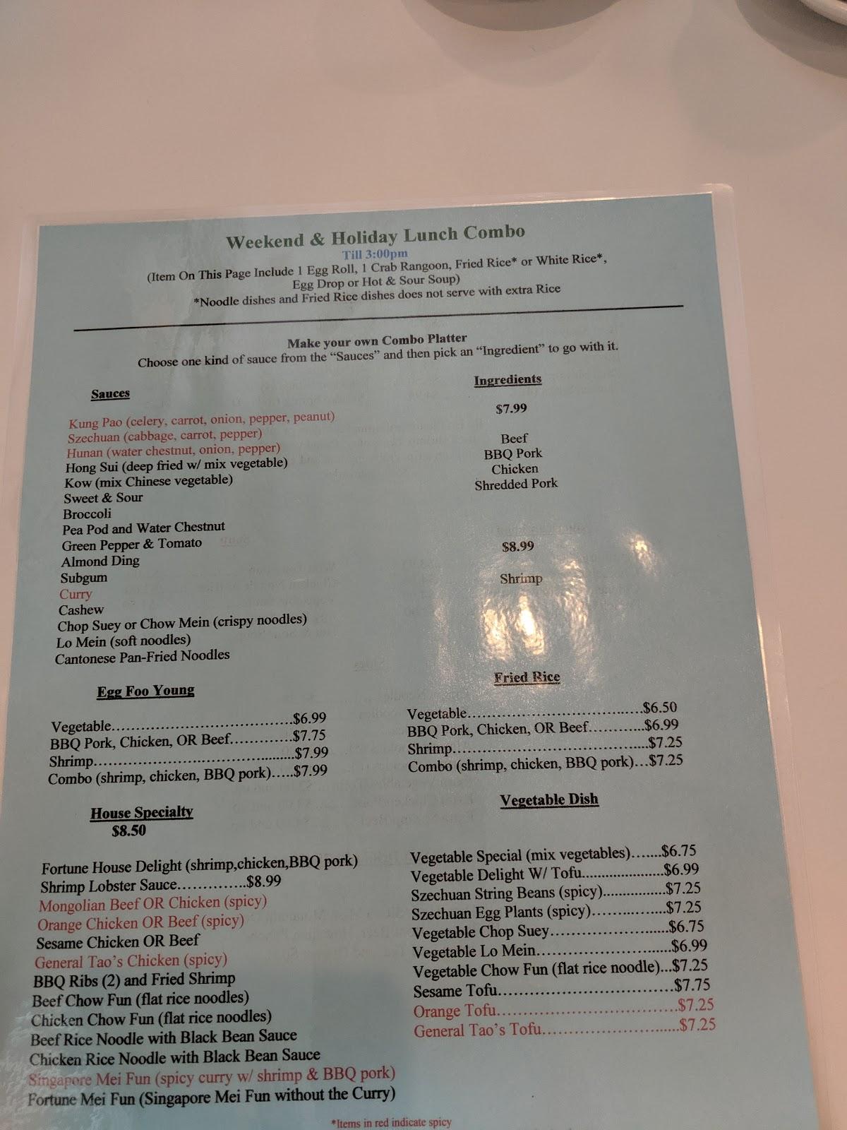 Menu at Fortune House Chinese Restaurant, Munster