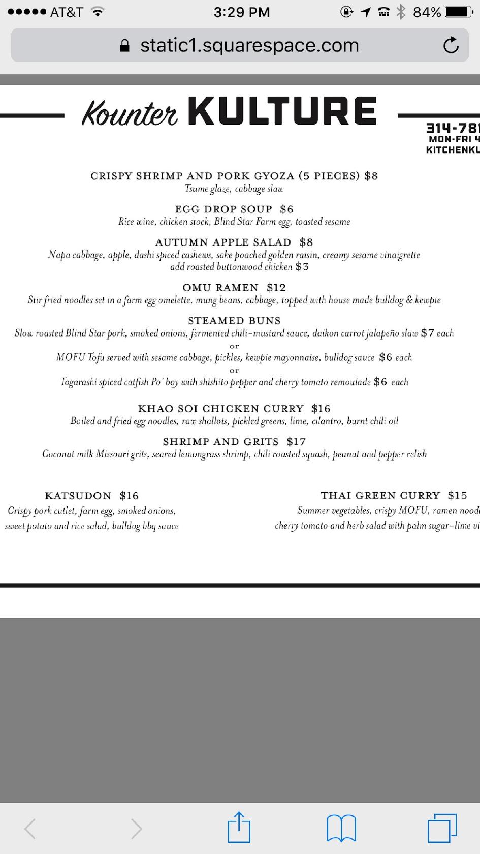 Menu at Kounter Kulture restaurant, St. Louis