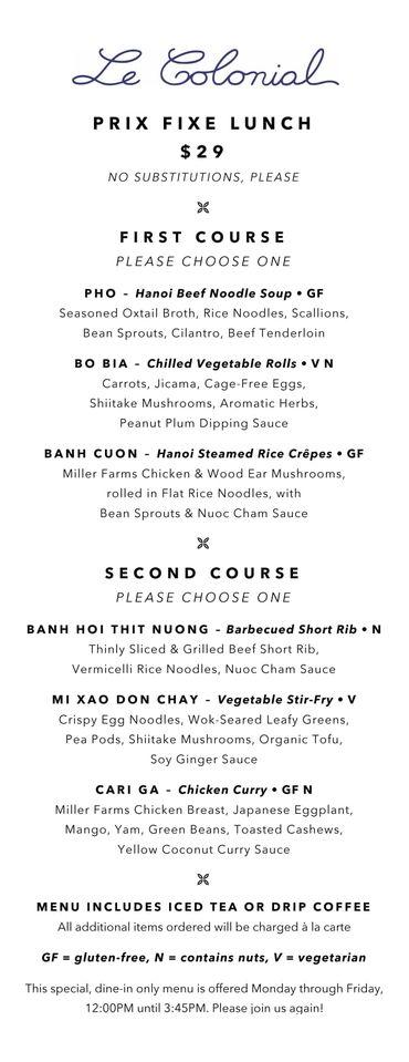 Menu at Le Colonial Chicago restaurant, Chicago
