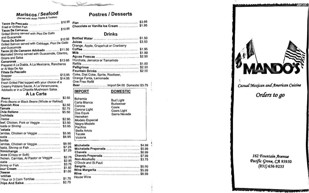 Menu at Mando's Restaurant, Pacific Grove
