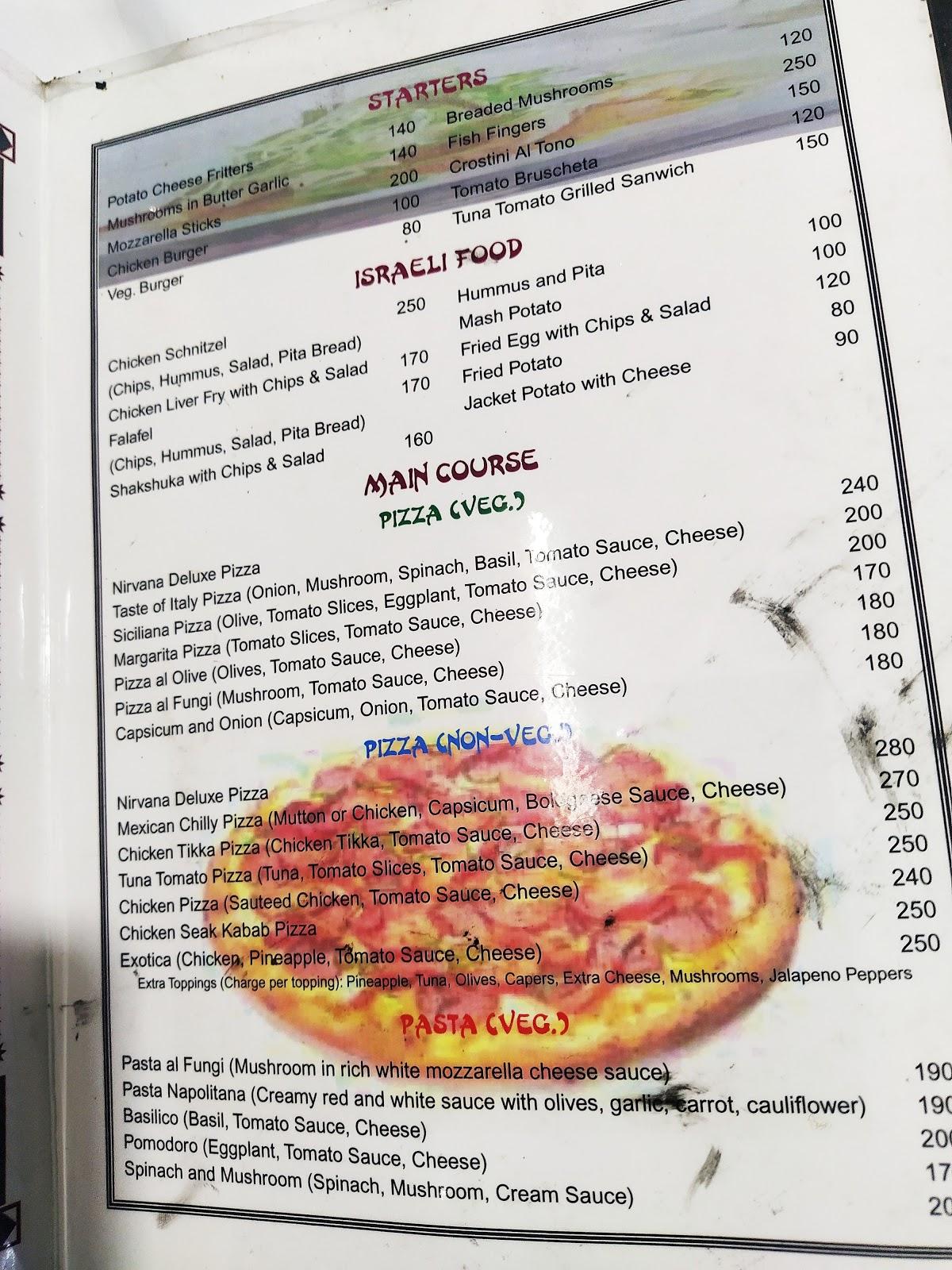 Menu at Nirvana Deluxe roof top, Bashisht