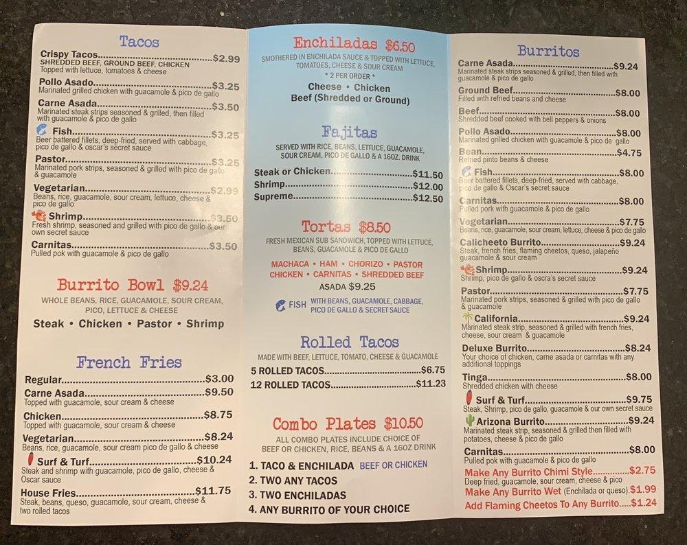 Menu at Oscar's Taco Shop restaurant, Mount Juliet