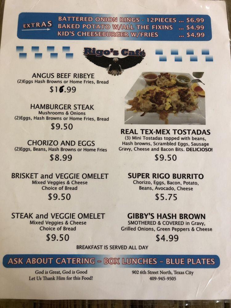 Menu at Rigos Cafe, Texas City