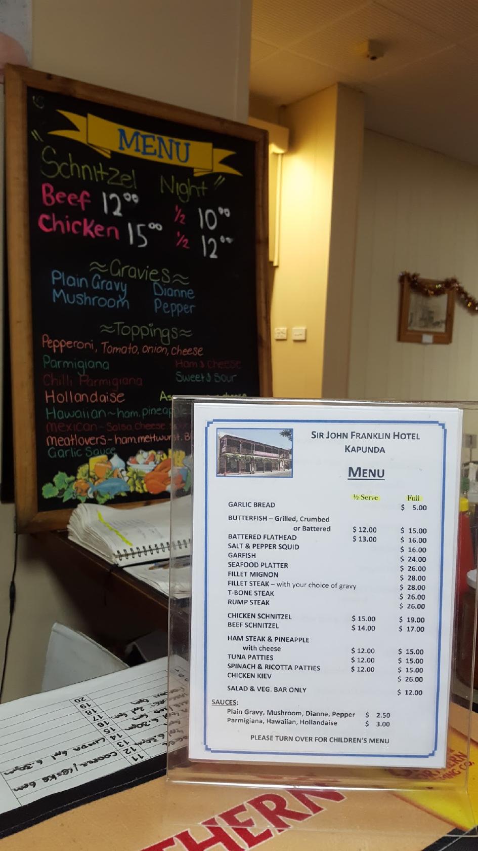 Menu at Sir John Franklin Hotel restaurant, Kapunda